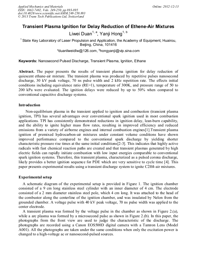 Transient Plasma Ignition for Delay Reduction of Ethene-Air Mixtures ...