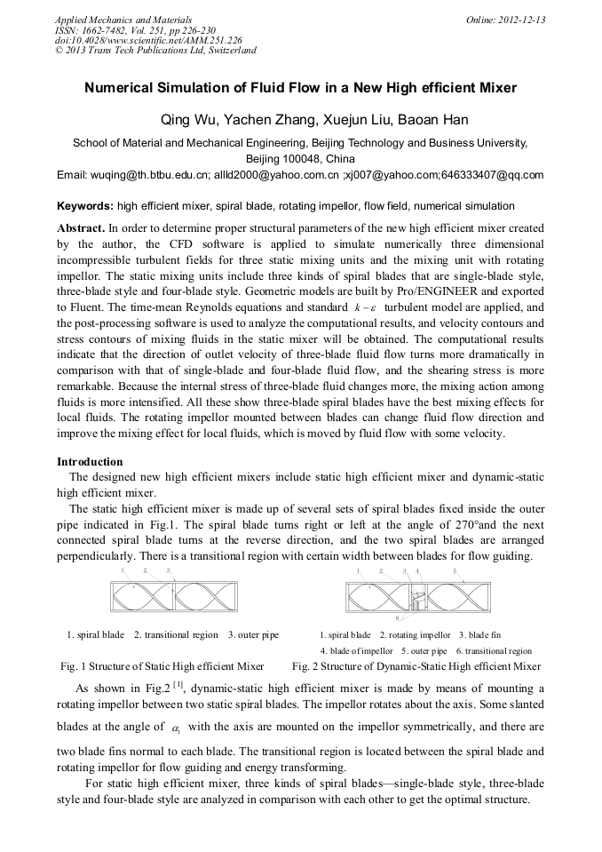 Numerical Simulation of Fluid Flow in a New High Efficient Mixer ...