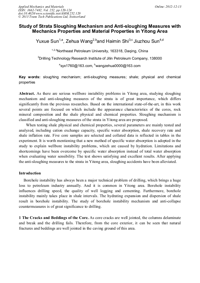 Study of Strata Sloughing Mechanism and Anti-Sloughing Measures with ...
