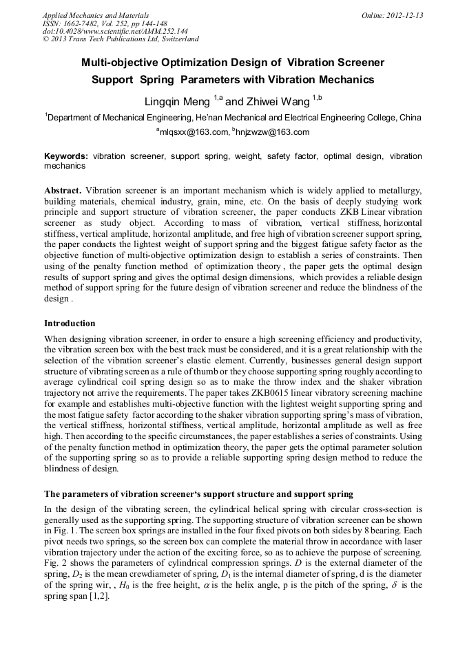 Multi Objective Optimization Design Of Vibration Screener Support
