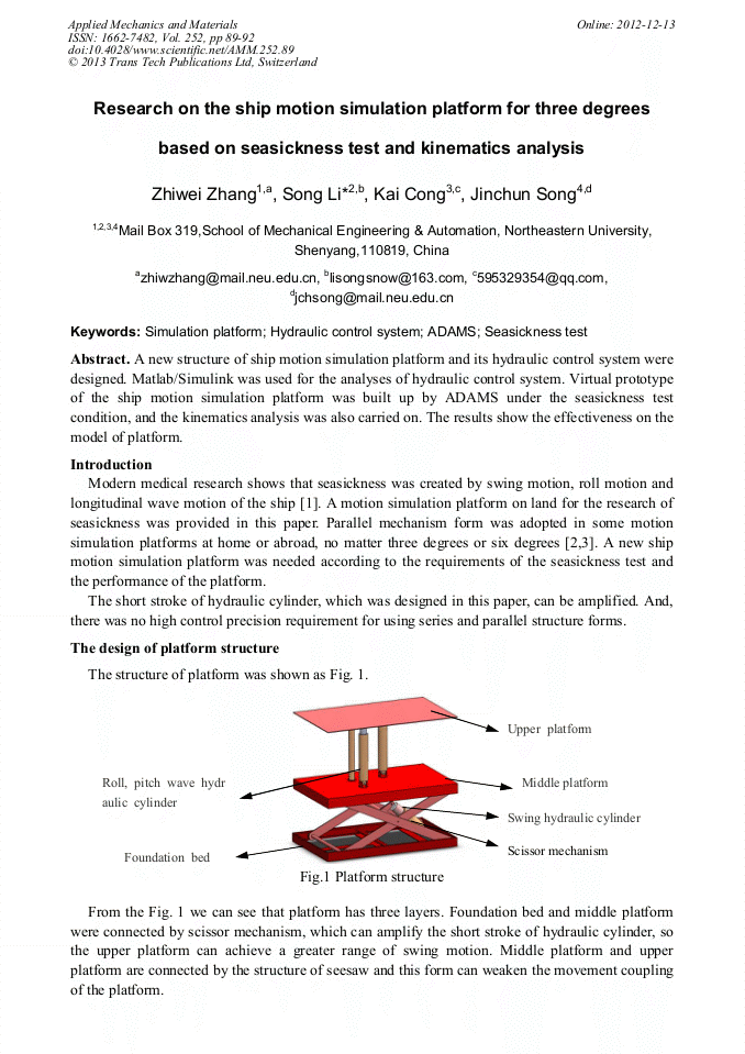 Research on the Ship Motion Simulation Platform for Three Degrees Based ...