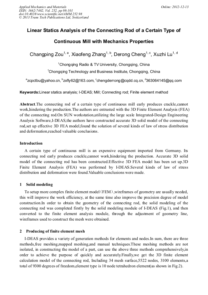 Linear Statics Analysis of the Connecting Rod of a Certain Type of ...