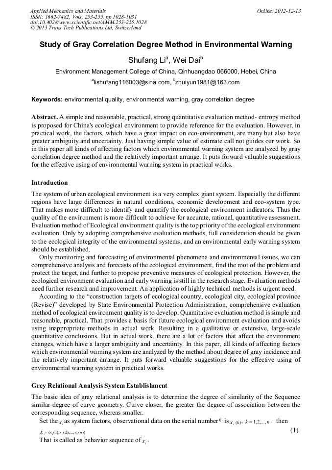 Study of Gray Correlation Degree Method in Environmental Warning | Scientific.Net