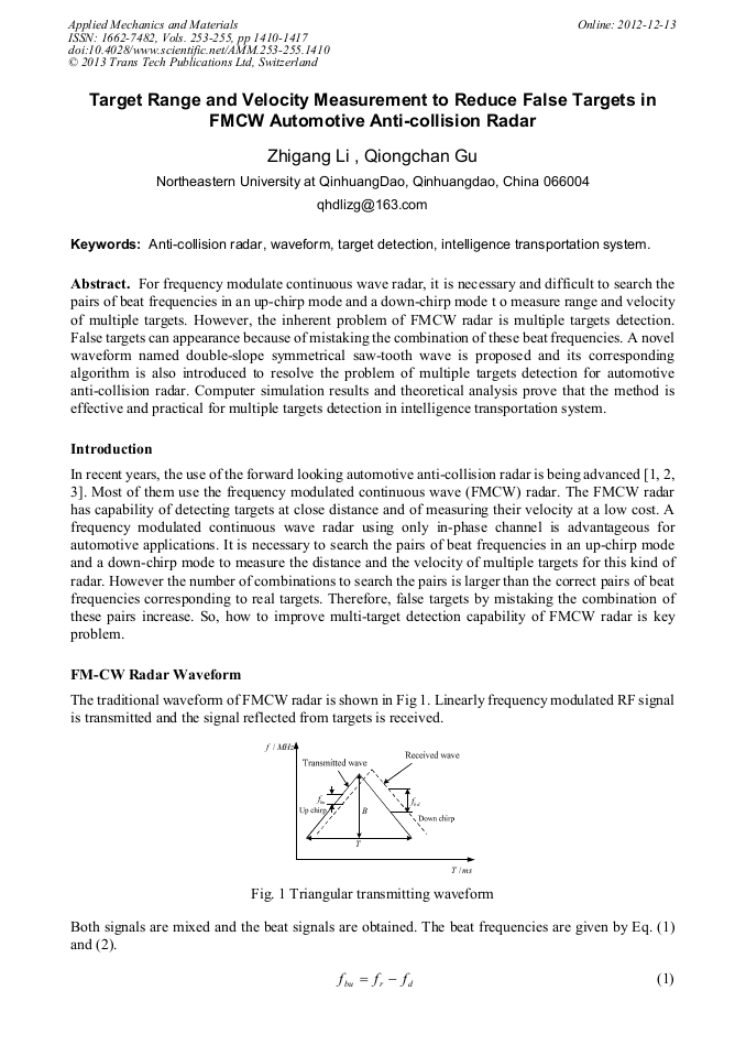 Target Range and Velocity Measurement to Reduce False Targets in FMCW ...