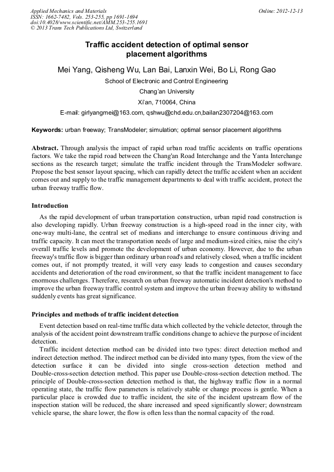Traffic Accident Detection Of Optimal Sensor Placement Algorithms