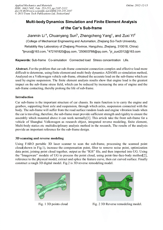 Multi-Body Dynamics Simulation and Finite Element Analysis of the Car’s Sub-Frame | Scientific.Net