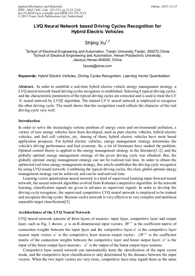 LVQ Neural Network Based Driving Cycles Recognition for Hybrid Electric ...