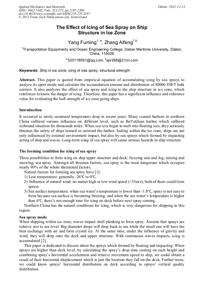 The Effect of Icing of Sea Spray on Ship Structure in Ice Zone ...