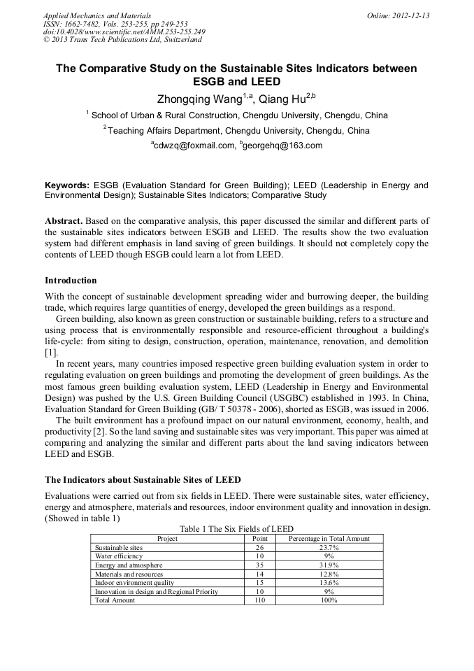 The Comparative Study on the Sustainable Sites Indicators between ESGB ...