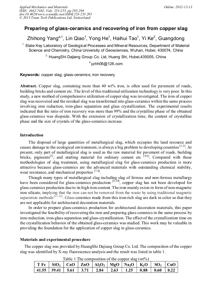 Preparing of Glass-Ceramics and Recovering of Iron from Copper Slag ...