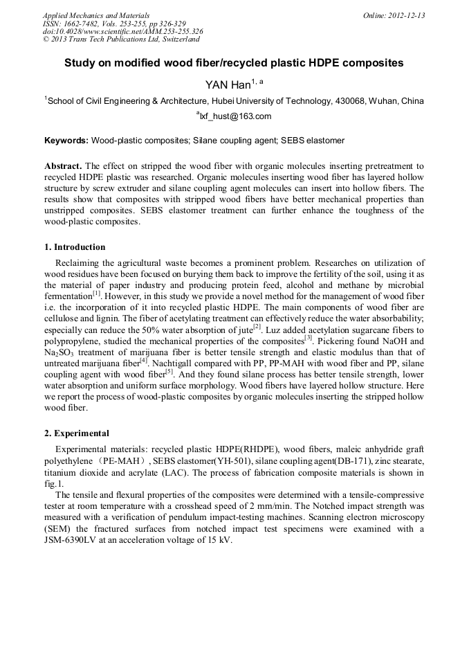 Study on Modified Wood Fiber/Recycled Plastic HDPE Composites ...