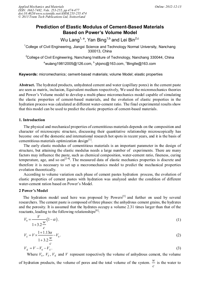 Prediction of Elastic Modulus of Cement-Based Materials Based on Power ...