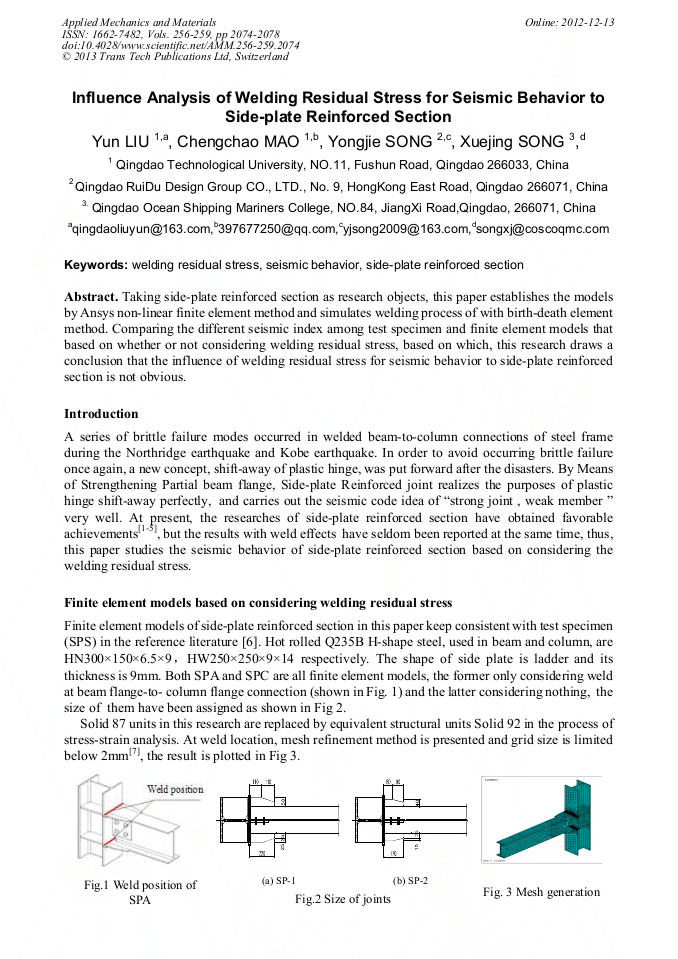 Influence Analysis of Welding Residual Stress for Seismic Behavior to ...