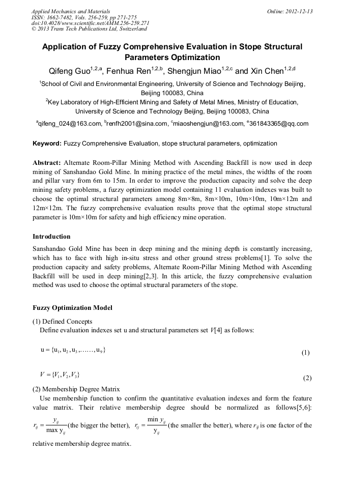 Application of Fuzzy Comprehensive Evaluation in Stope Structural Parameters Optimization ...