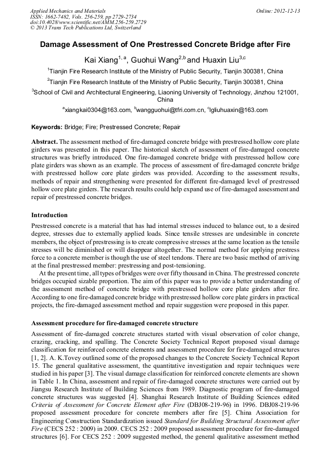 Damage Assessment of One Prestressed Concrete Bridge after Fire ...