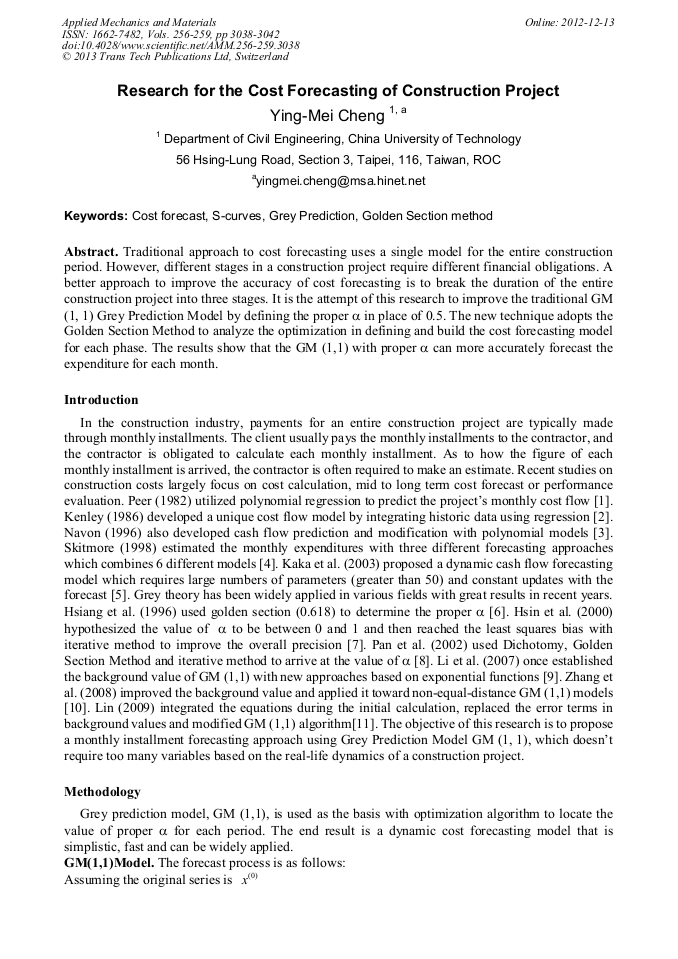 Research for the Cost Forecasting of Construction Project | Scientific.Net