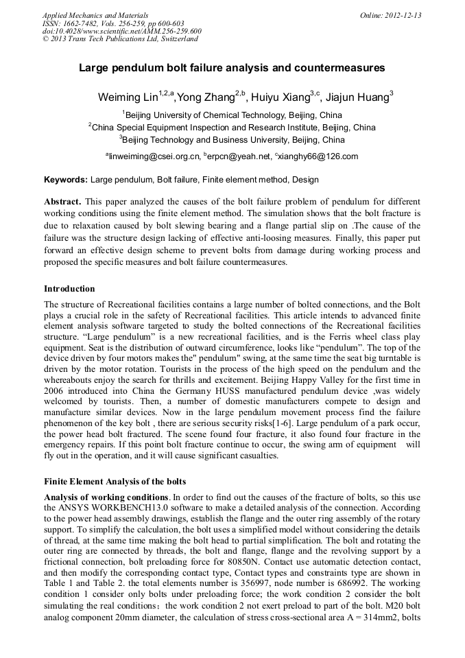 Large Pendulum Bolt Failure Analysis and Countermeasures | Scientific.Net