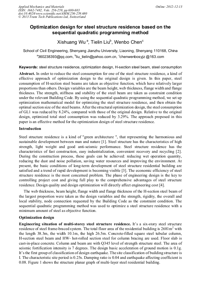 Optimization Design for Steel Structure Residence Based on the ...