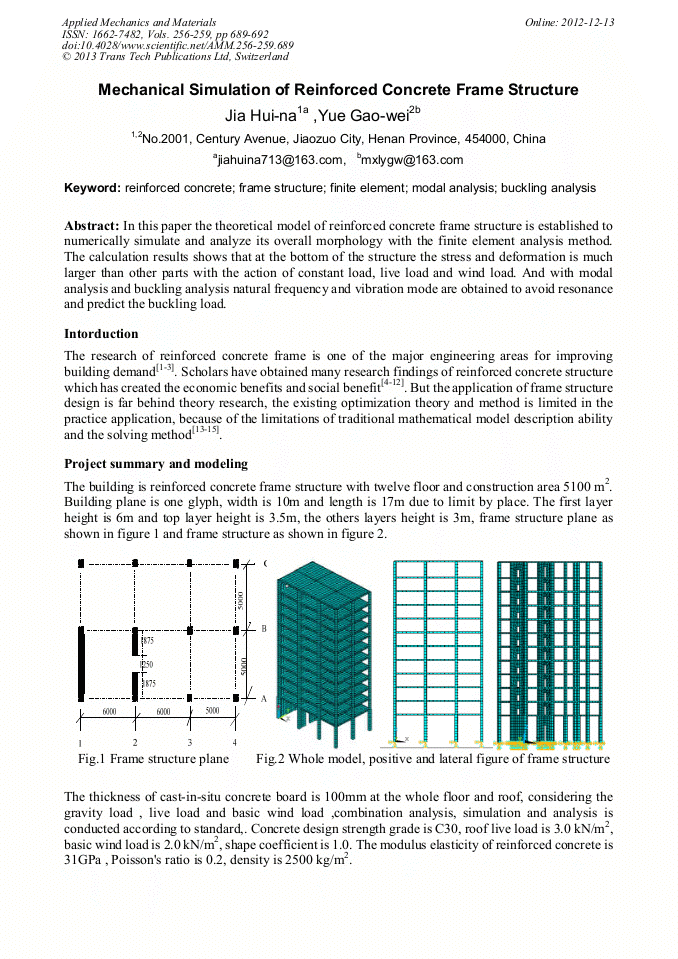 Mechanical Simulation of Reinforced Concrete Frame Structure ...