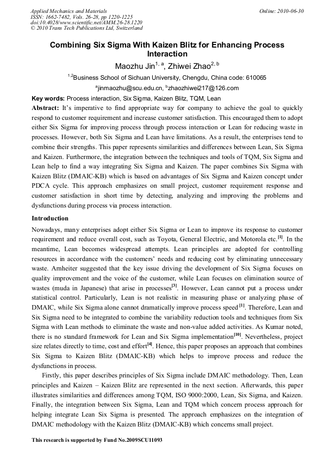Combining Six Sigma with Kaizen Blitz for Enhancing Process Interaction ...
