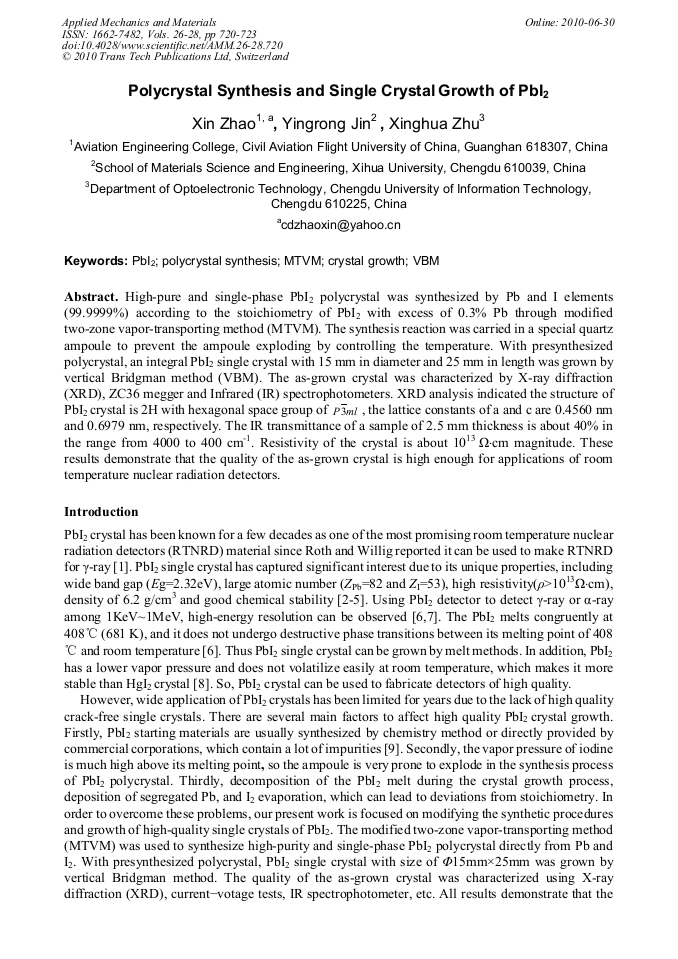 Polycrystal Synthesis and Single Crystal Growth of PbI2 | Scientific.Net