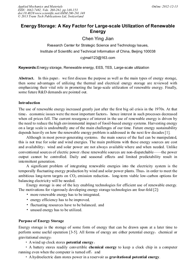 Energy Storage: A Key Factor for Large-Scale Utilization of Renewable ...