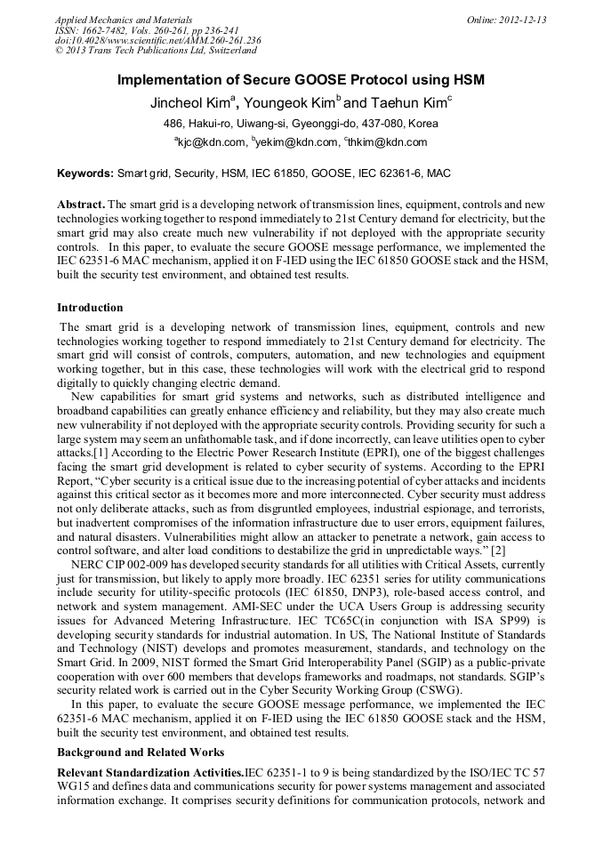 Implementation of Secure GOOSE Protocol Using HSM | Scientific.Net