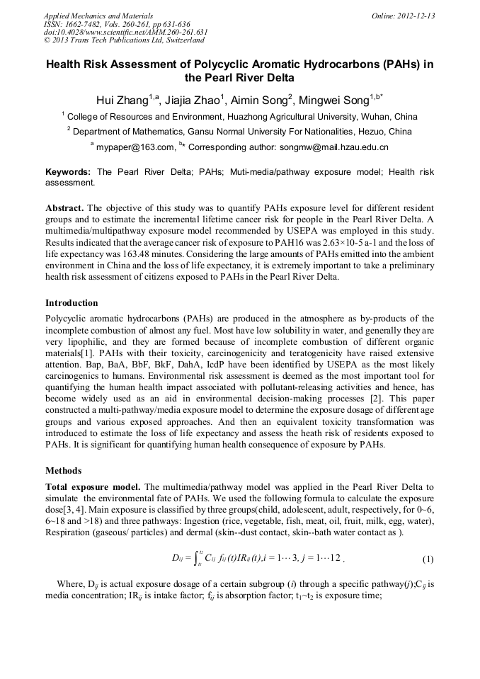 Health Risk Assessment of Polycyclic Aromatic Hydrocarbons (PAHs) in ...