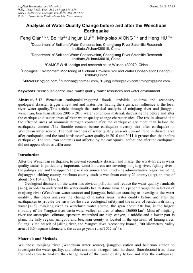 Analysis of Water Quality Change before and after the Wenchuan ...