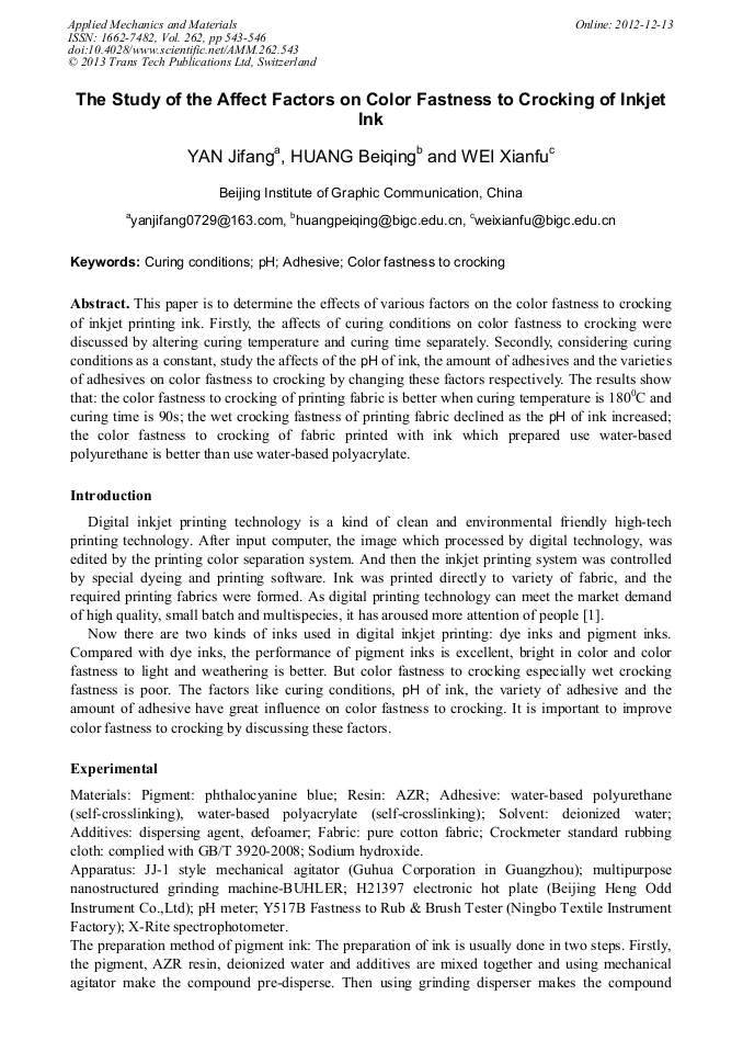 The Study of the Affect Factors on Color Fastness to Crocking of Inkjet ...