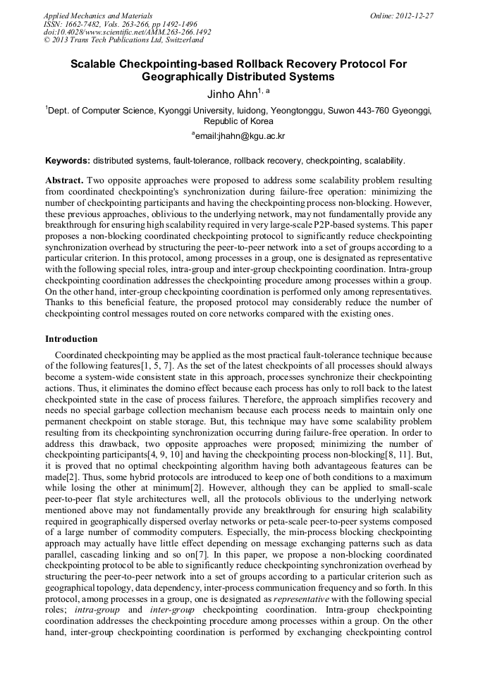 Scalable Checkpointing-Based Rollback Recovery Protocol for Geographically Distributed Systems ...