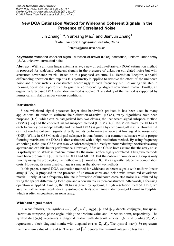 New DOA Estimation Method for Wideband Coherent Signals in the Presence of Correlated Noise ...