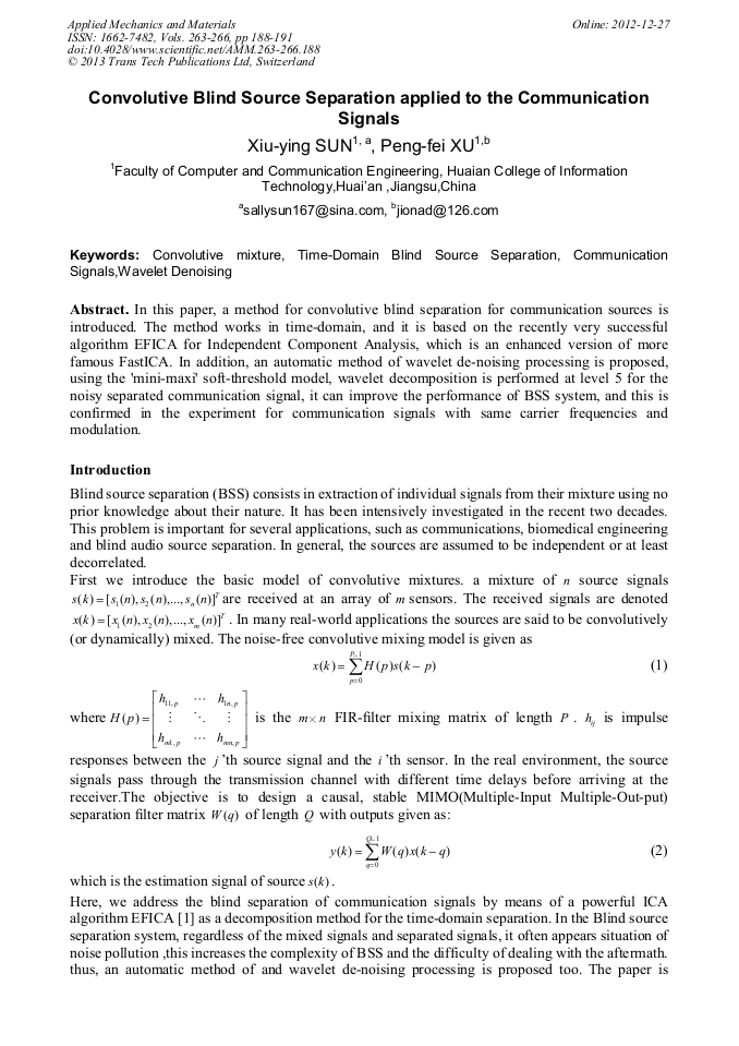 Convolutive Blind Source Separation Applied To The Communication