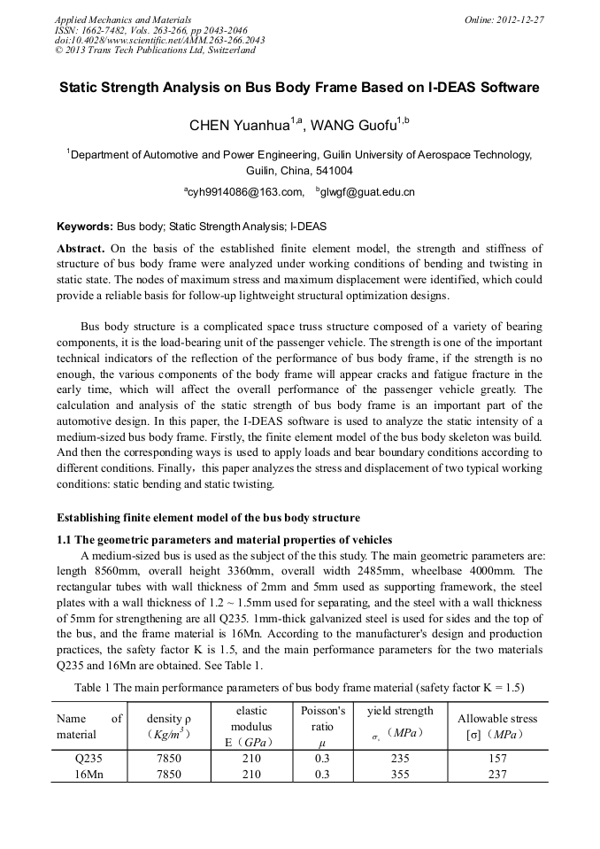Static Strength Analysis on Bus Body Frame Based on I-DEAS Software ...