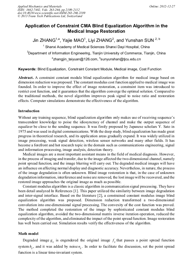 Application of Constraint CMA Blind Equalization Algorithm in the Medical Image Restoration ...