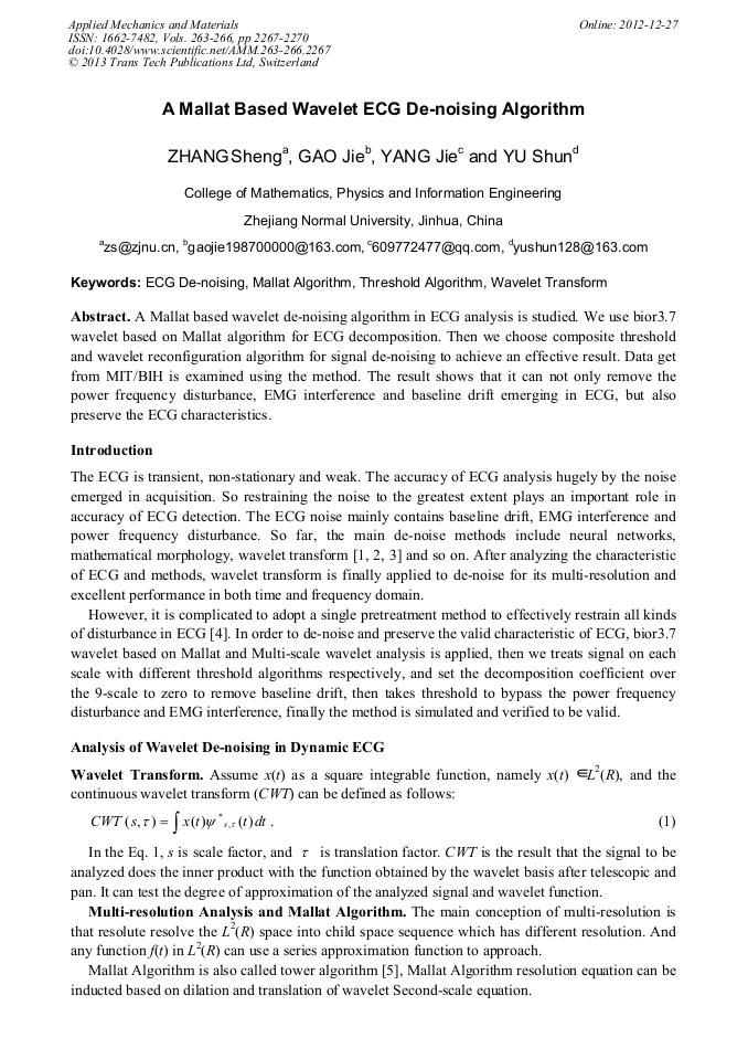 A Mallat Based Wavelet ECG De-Noising Algorithm | Scientific.Net