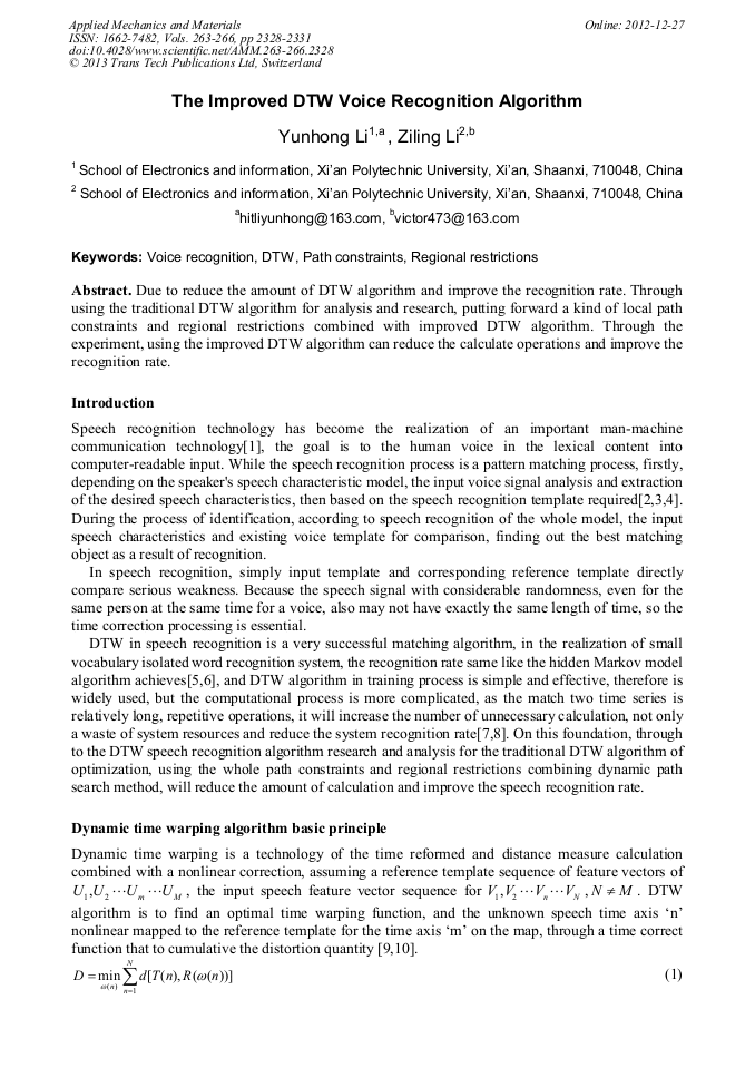 The Improved DTW Voice Recognition Algorithm | Scientific.Net