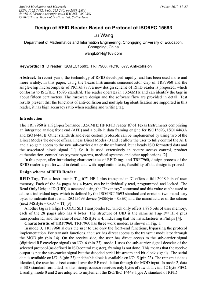 Design of RFID Reader Based on Protocol of ISO/IEC 15693 | Scientific.Net