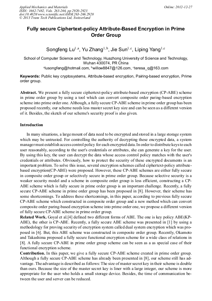 Fully Secure Ciphertext-Policy Attribute-Based Encryption in Prime Order Group | Scientific.Net