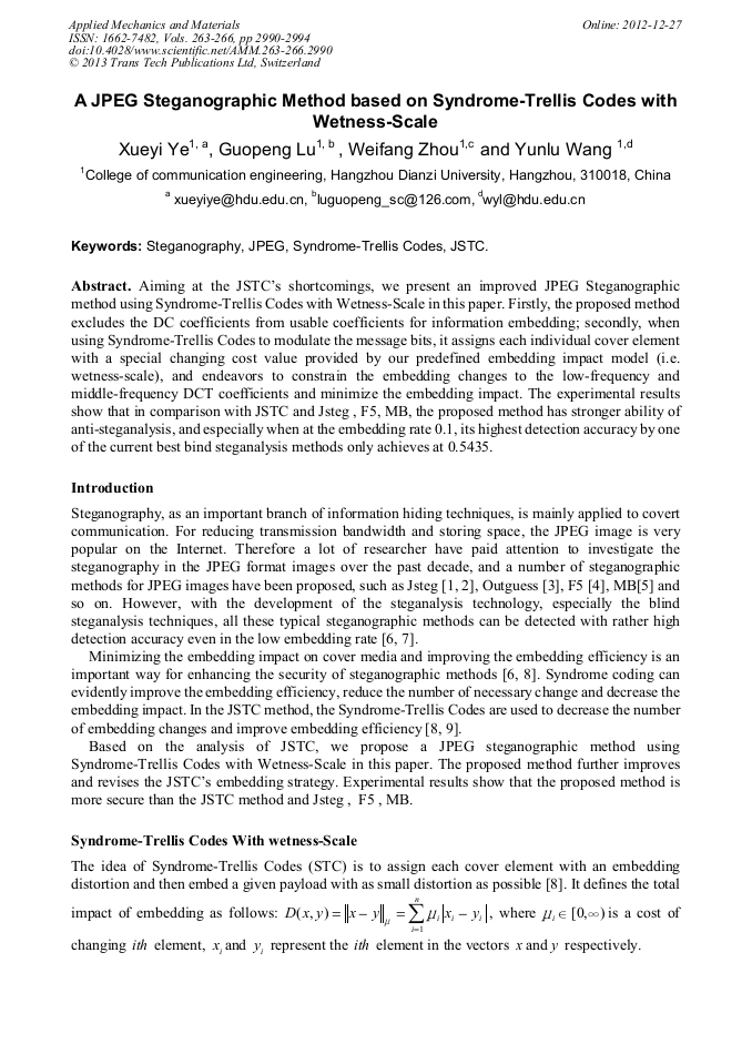 A JPEG Steganographic Method Based on Syndrome-Trellis Codes with Wetness-Scale | Scientific.Net