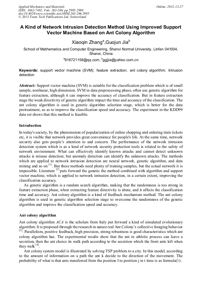 A Kind of Network Intrusion Detection Method Using Improved Support Vector Machine Based on Ant ...