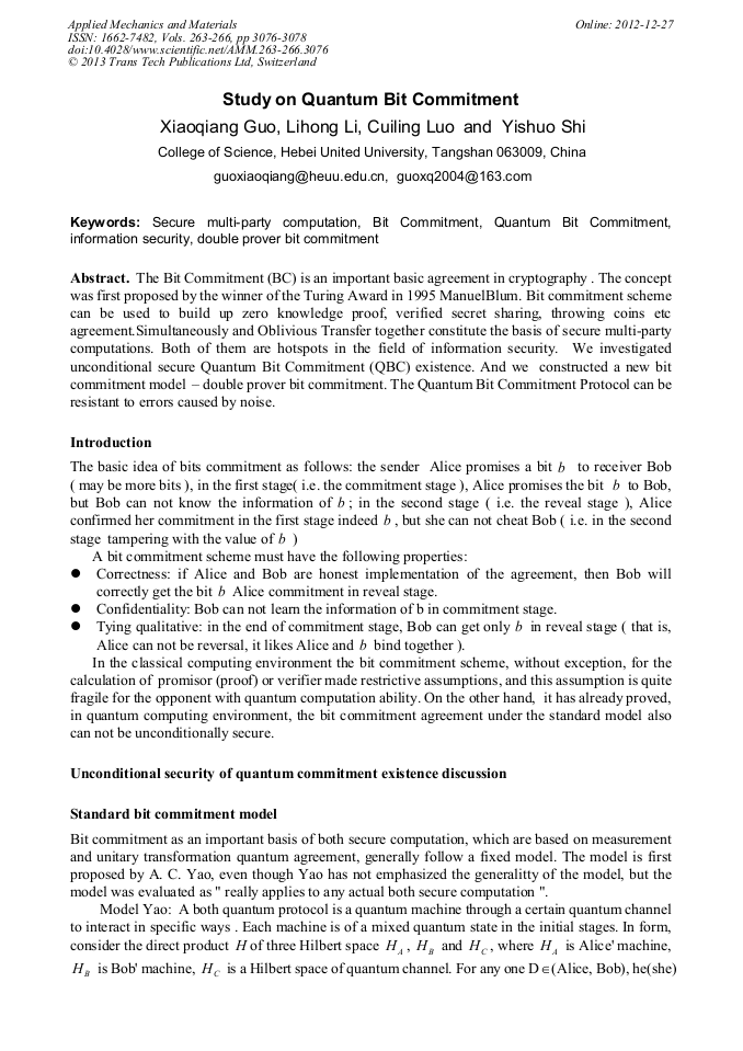 Study on Quantum Bit Commitment | Scientific.Net