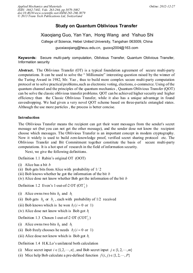 Study on Quantum Oblivious Transfer | Scientific.Net