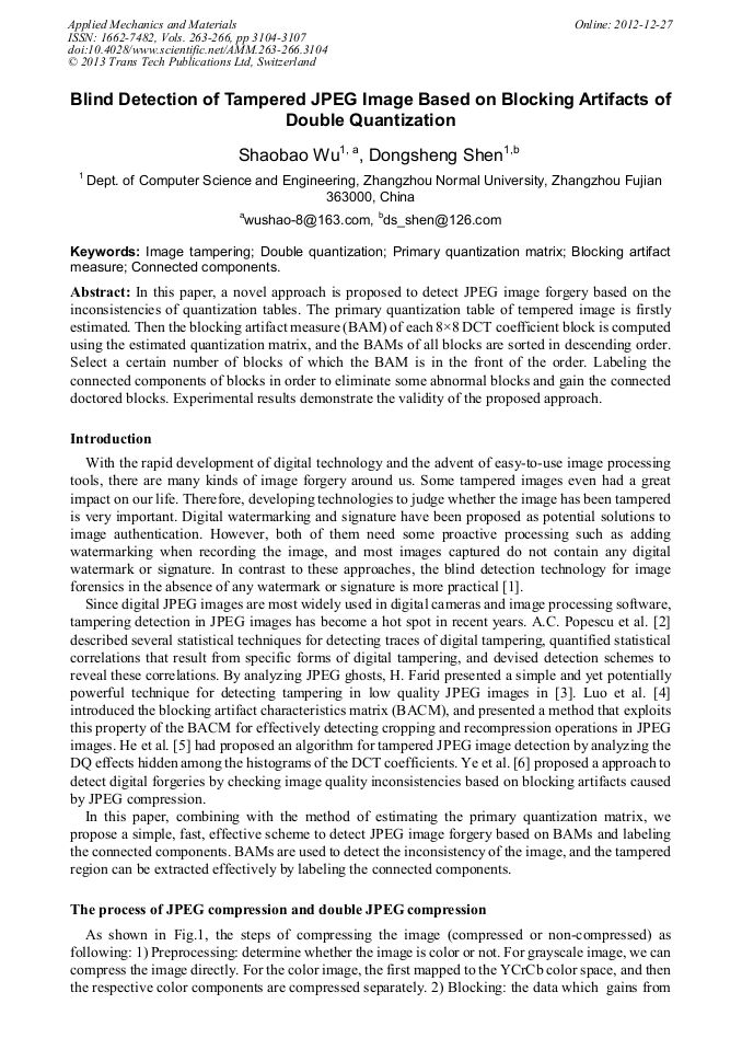Blind Detection of Tampered JPEG Image Based on Blocking Artifacts of Double Quantization ...