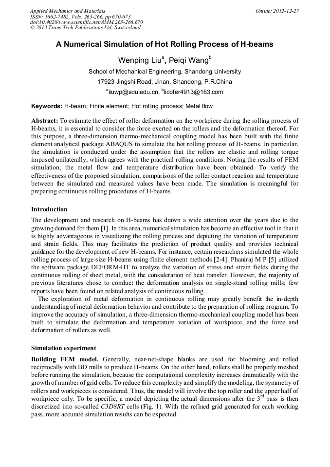 A Numerical Simulation of Hot Rolling Process of H-Beams | Scientific.Net