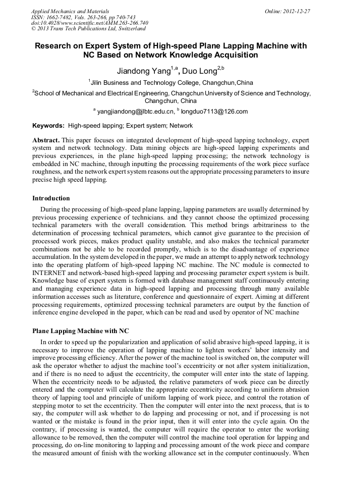 Research on Expert System of High-Speed Plane Lapping Machine with NC ...