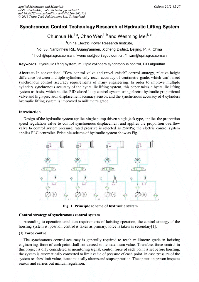 Synchronous Control Technology Research of Hydraulic Lifting System ...