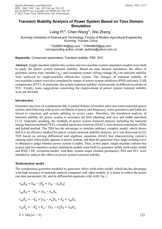 Transient Stability Analysis of Power System Based on Time Domain ...
