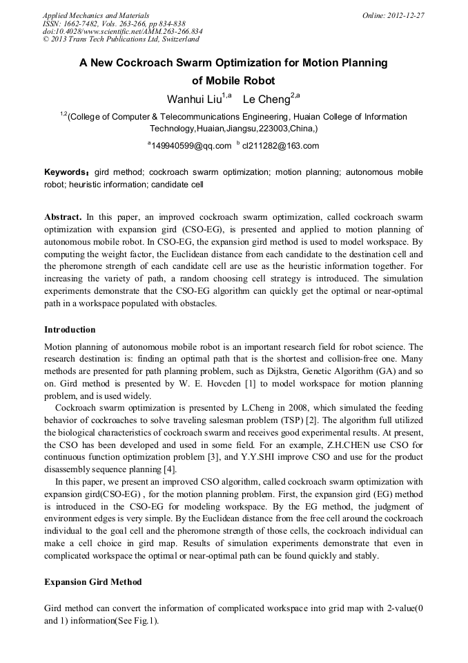 A New Cockroach Swarm Optimization for Motion Planning of Mobile Robot | Scientific.Net