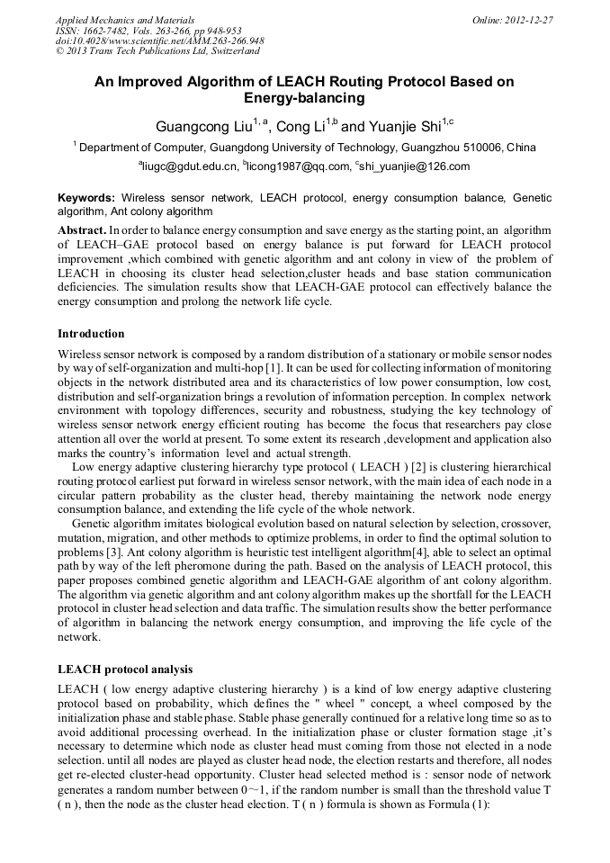 An Improved Algorithm of LEACH Routing Protocol Based on Energy-Balancing | Scientific.Net